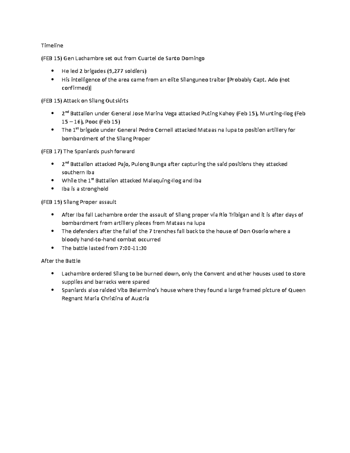 Timeline - Short History - Timeline (FEB 15) Gen Lachambre set out from ...