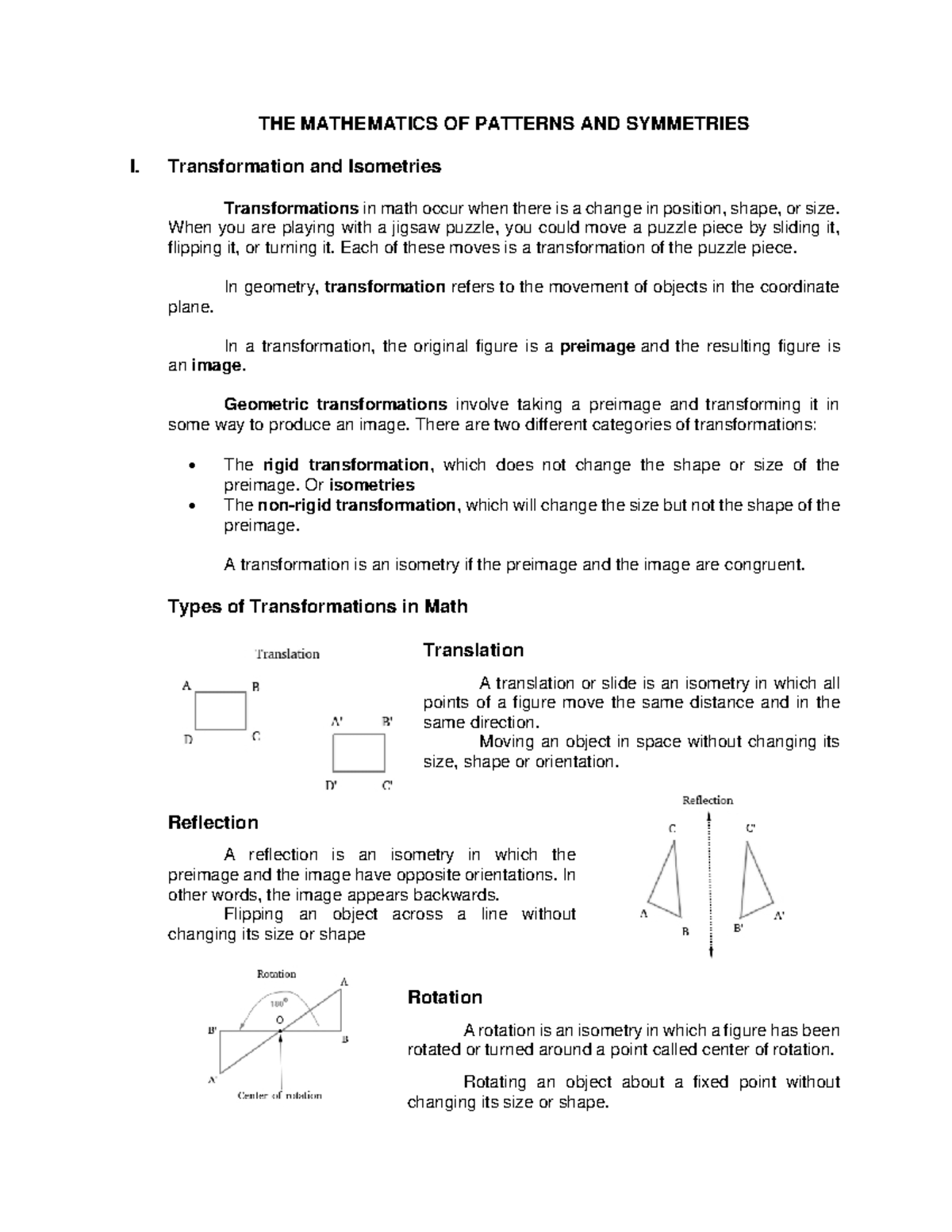 Math Of Symmetries And Patterns The Mathematics Of Patterns And Symmetries I Transformation