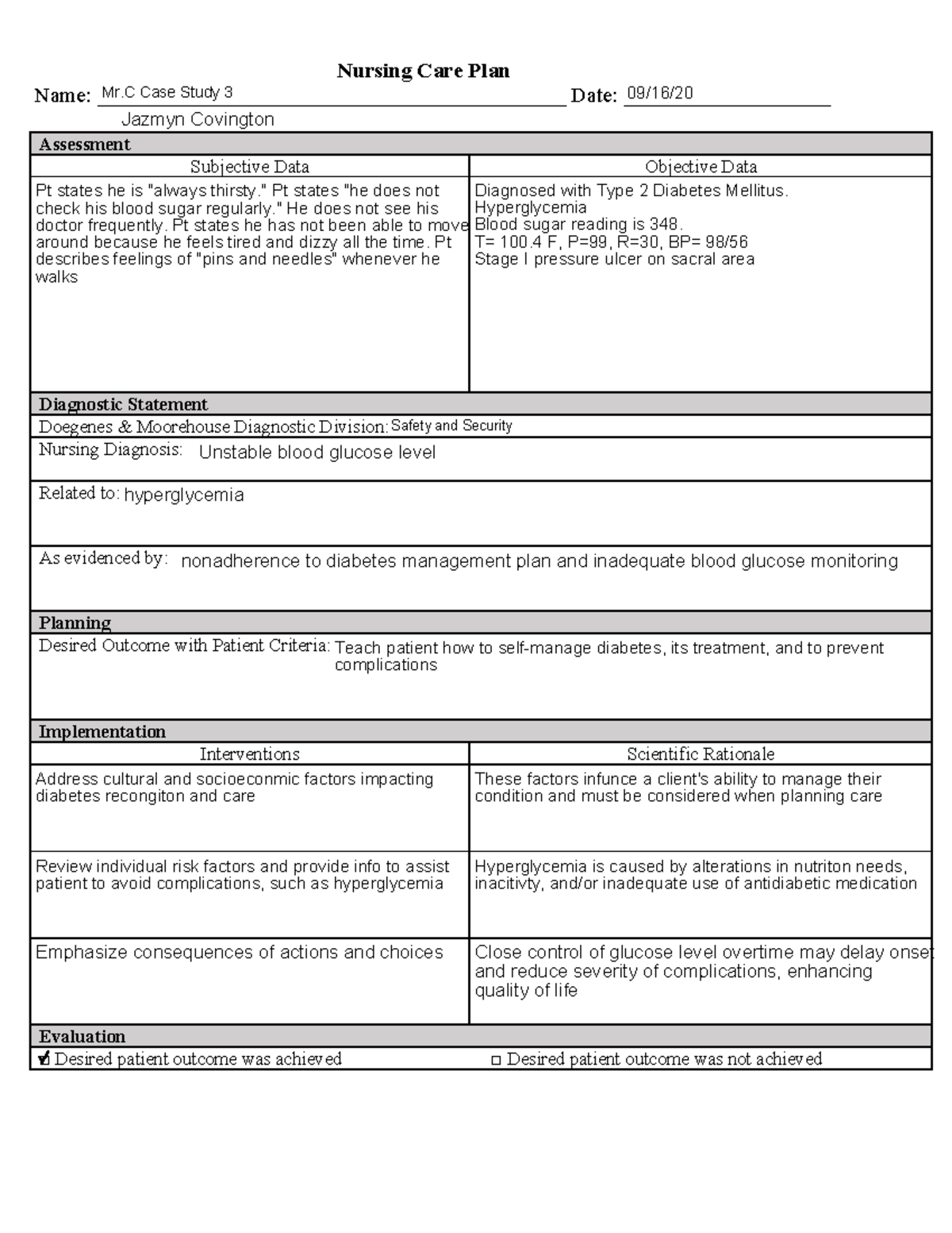 Mr C Case Study - Nursing Care Plan Name ...