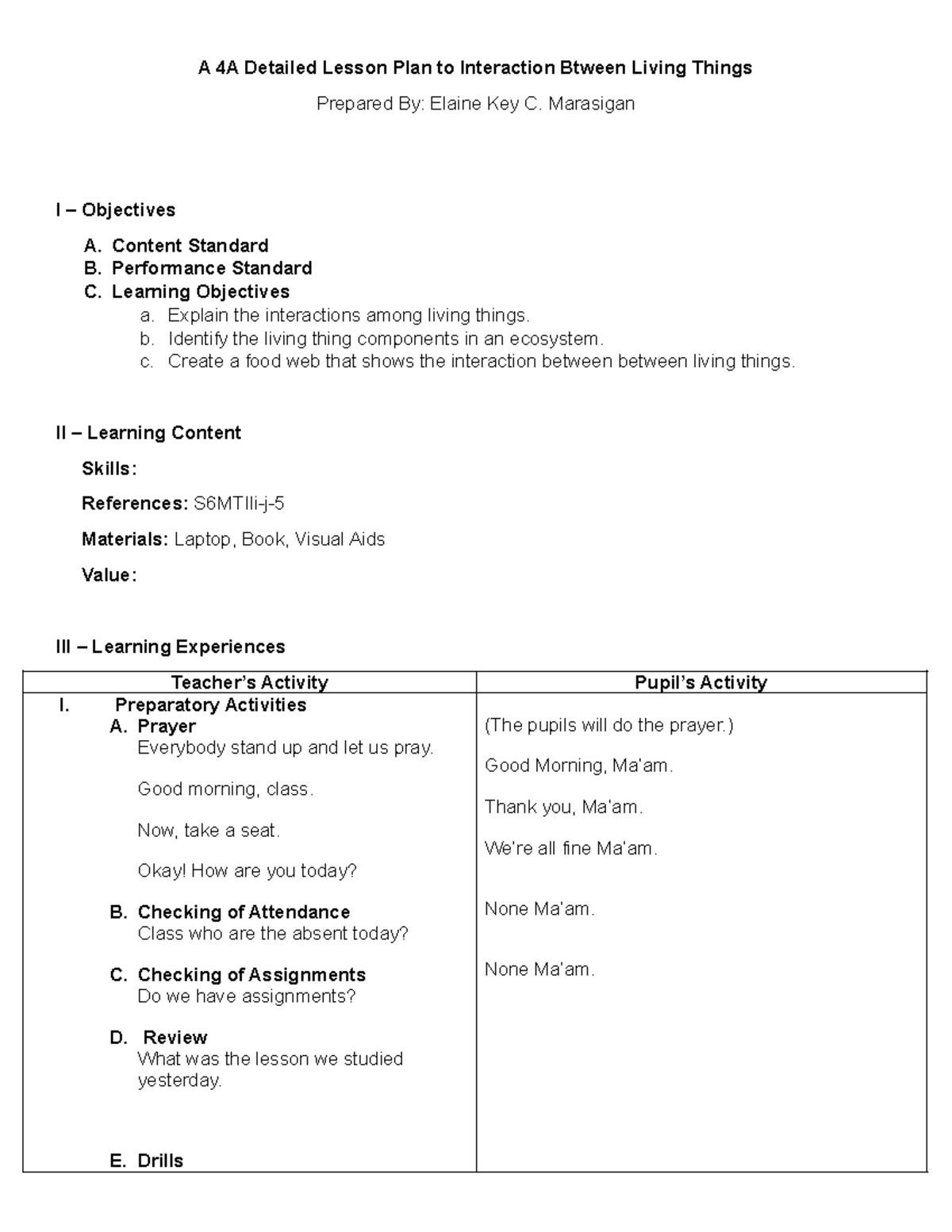 4a Interaction among living thinga - A 4A Detailed Lesson Plan to ...