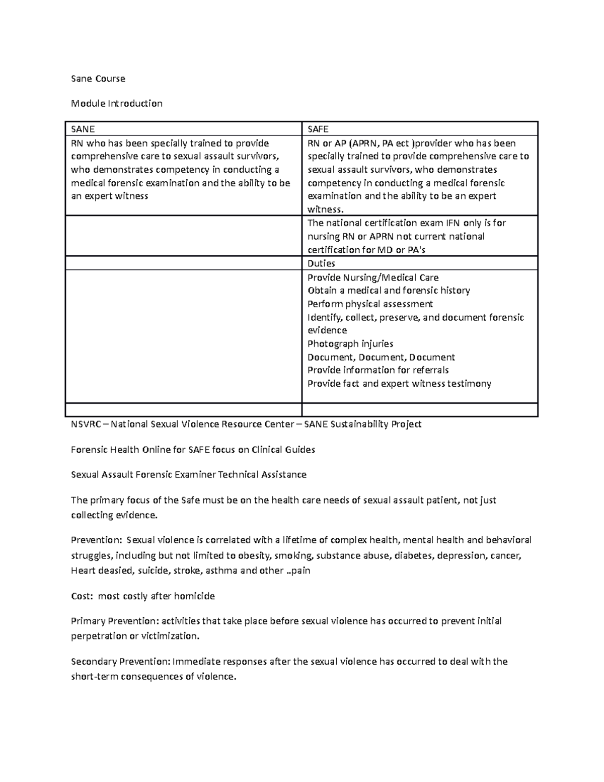 Sane Course - same - Sane Course Module Introduction SANE SAFE RN who ...