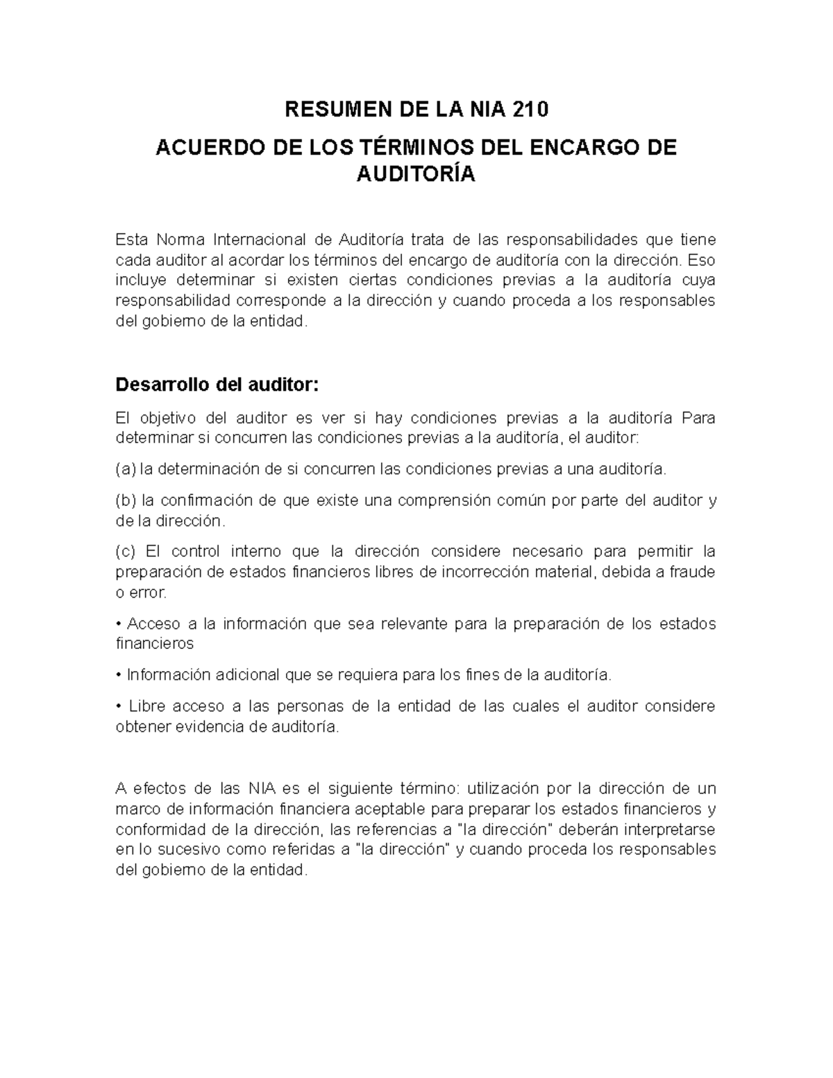 Resumen de la NIA 210 - RESUMEN DE LA NIA 210 ACUERDO DE LOS TÉRMINOS ...