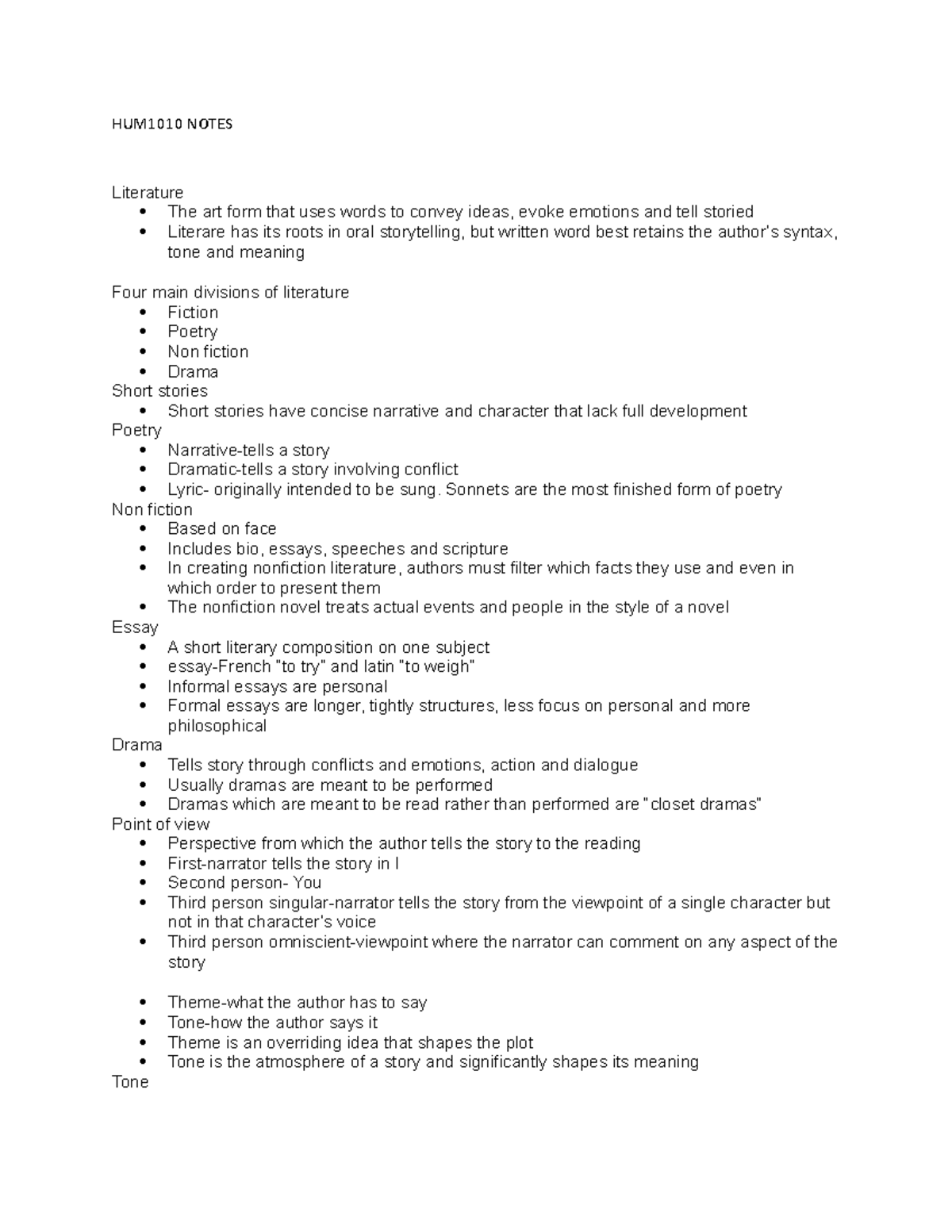 HUM1010 Notes - HUM1010 NOTES Literature The art form that uses words ...