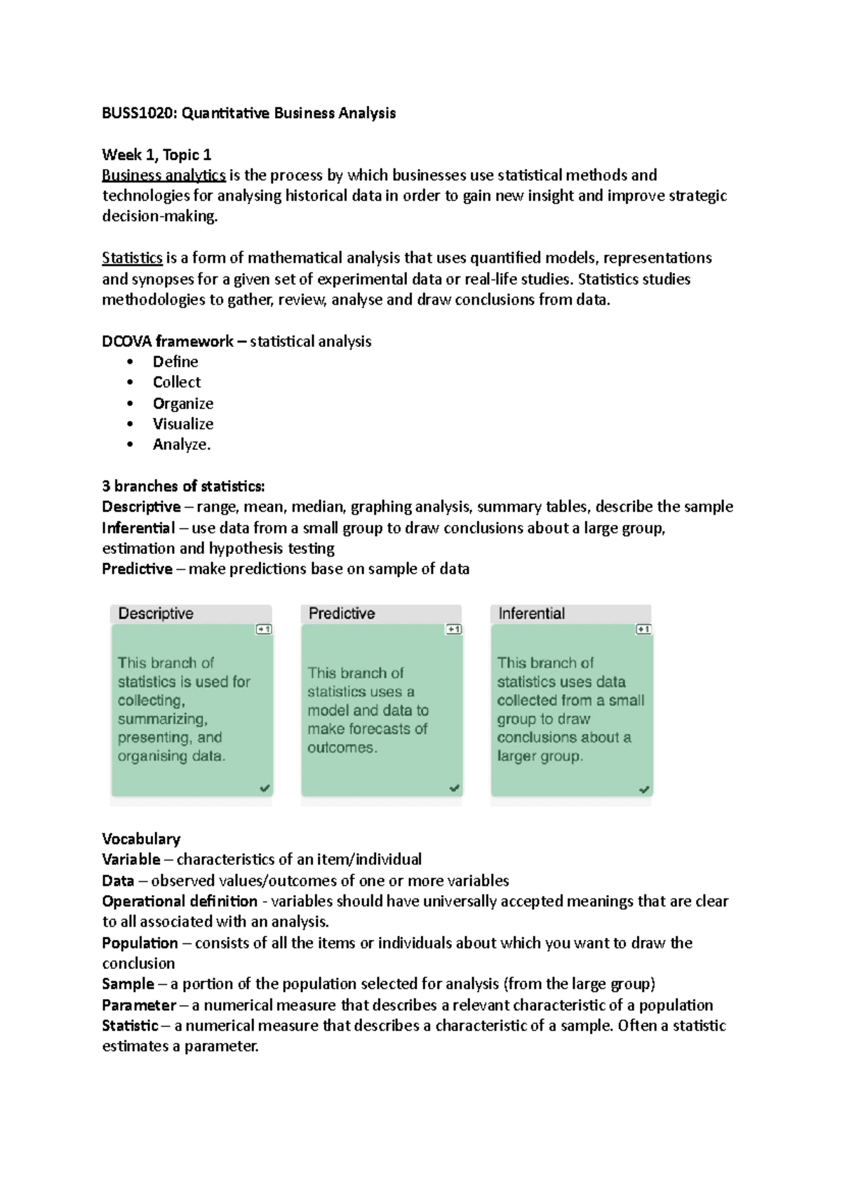 BUSS1020 - Week 1-12 Lecture Notes - BUSS1020: Quantitative Business ...