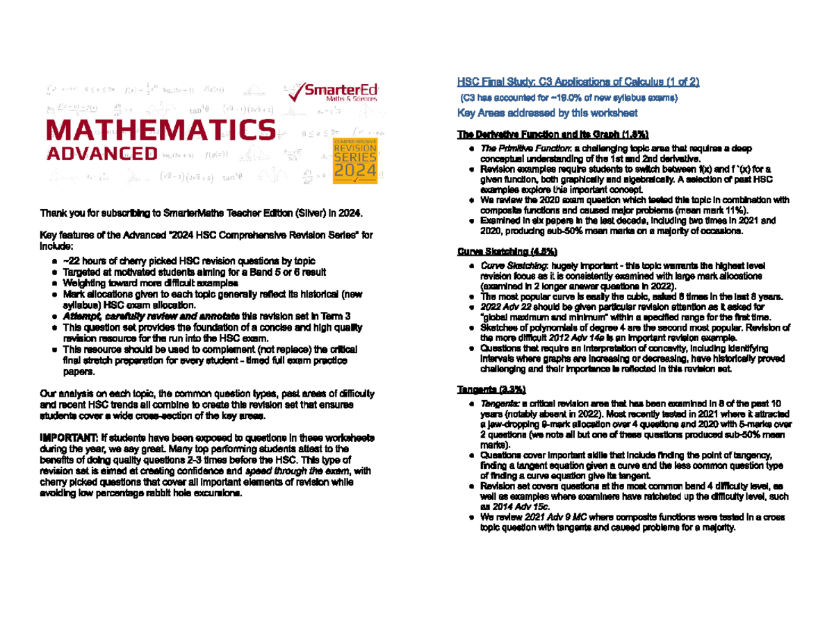 2. Curve Sketching - Math - 1. Calculus, 2ADV C3 2021 HSC 7 MC 2024 ...