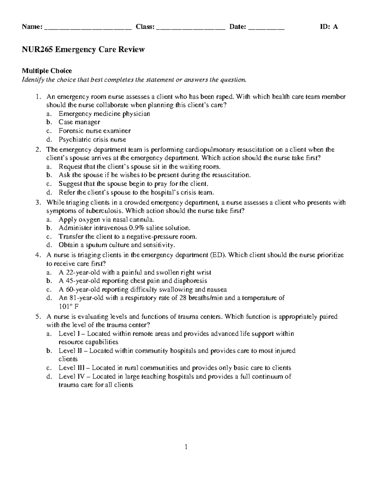 Exam View NUR265 Emergency Care Practice Questions 1 - Name ...