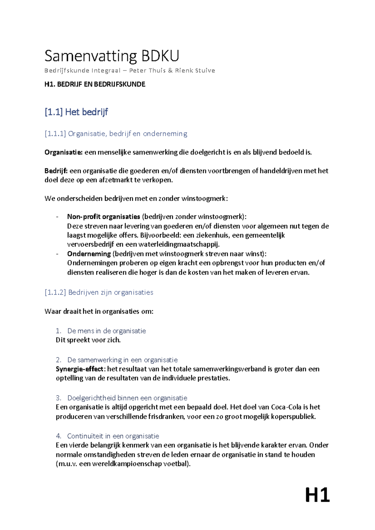 Samenvatting BDKU hoofdstuk 1-4 en 9 - Samenvatting BDKU B e dr ijf ...