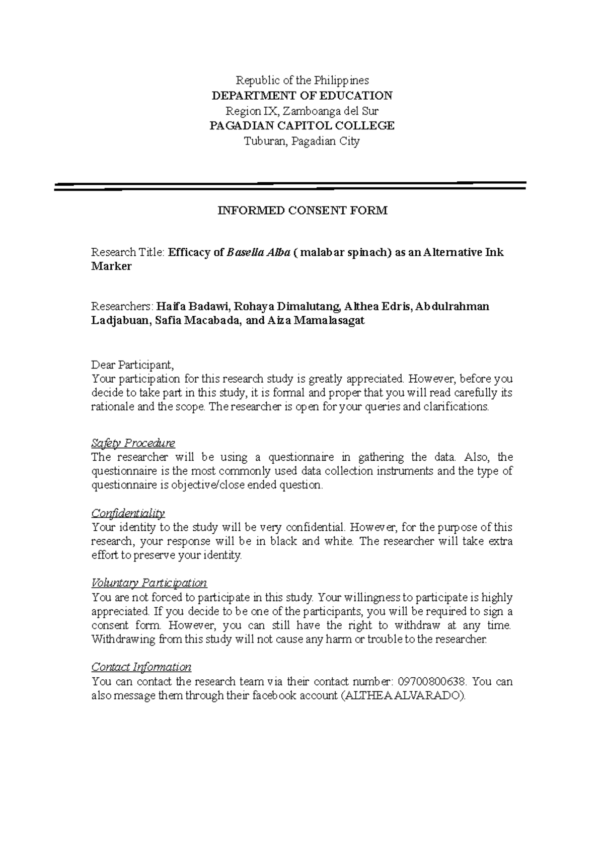 Research Consent - 1234tyui - Republic of the Philippines DEPARTMENT OF ...
