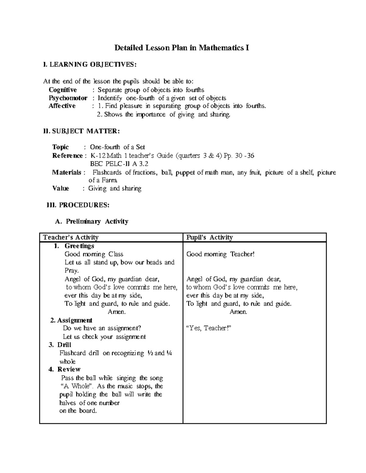 Detailed Lesson Plan in Mathematics I - LEARNING OBJECTIVES: At the end ...