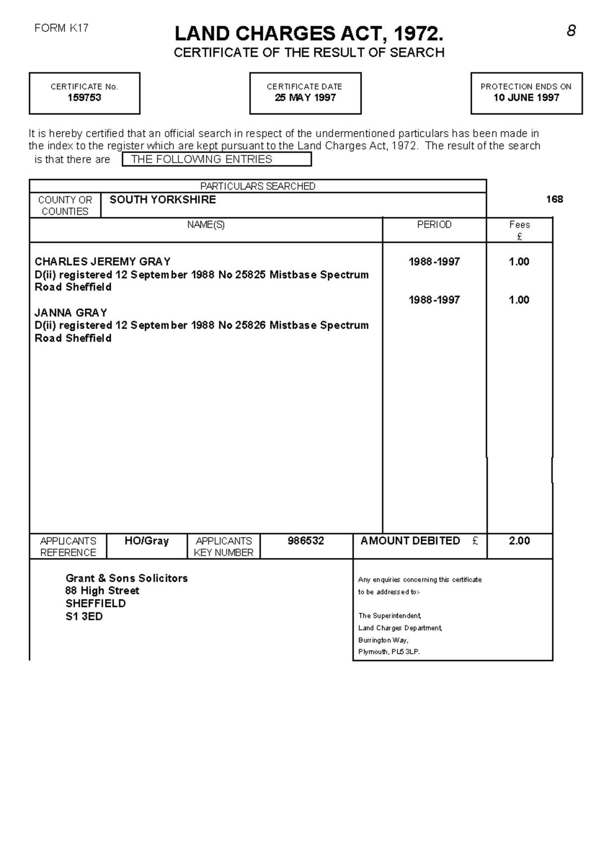 Land charges cert - lland law - FORM K LAND CHARGES ACT, 1972 ...