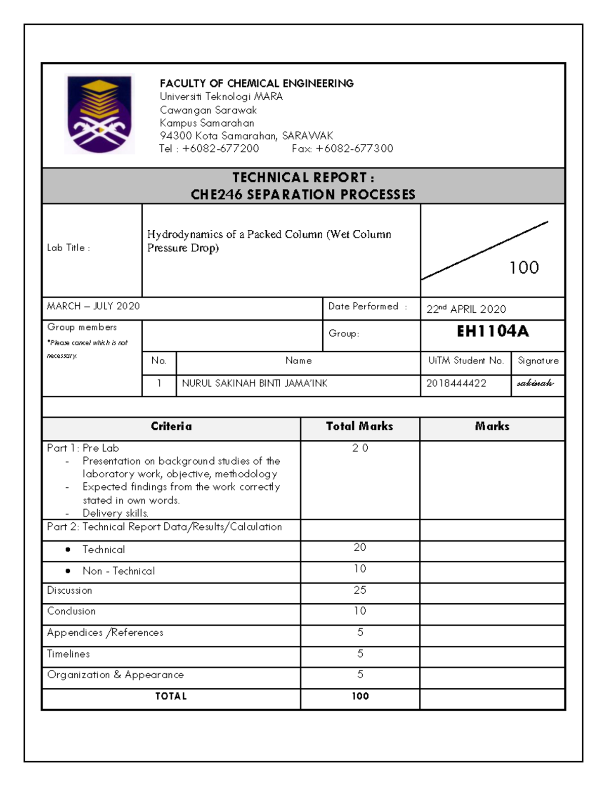 LAB Report CHE246 GA Sakinah latest - FACULTY OF CHEMICAL ENGINEERING ...