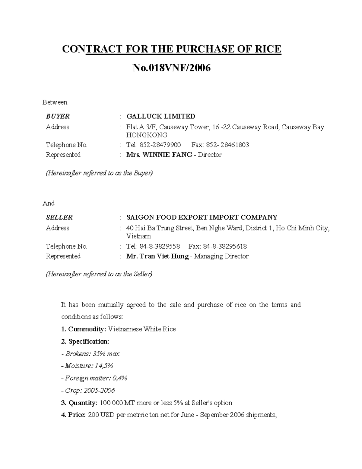 Rice purchase - Contract - CONTRACT FOR THE PURCHASE OF RICE No ...