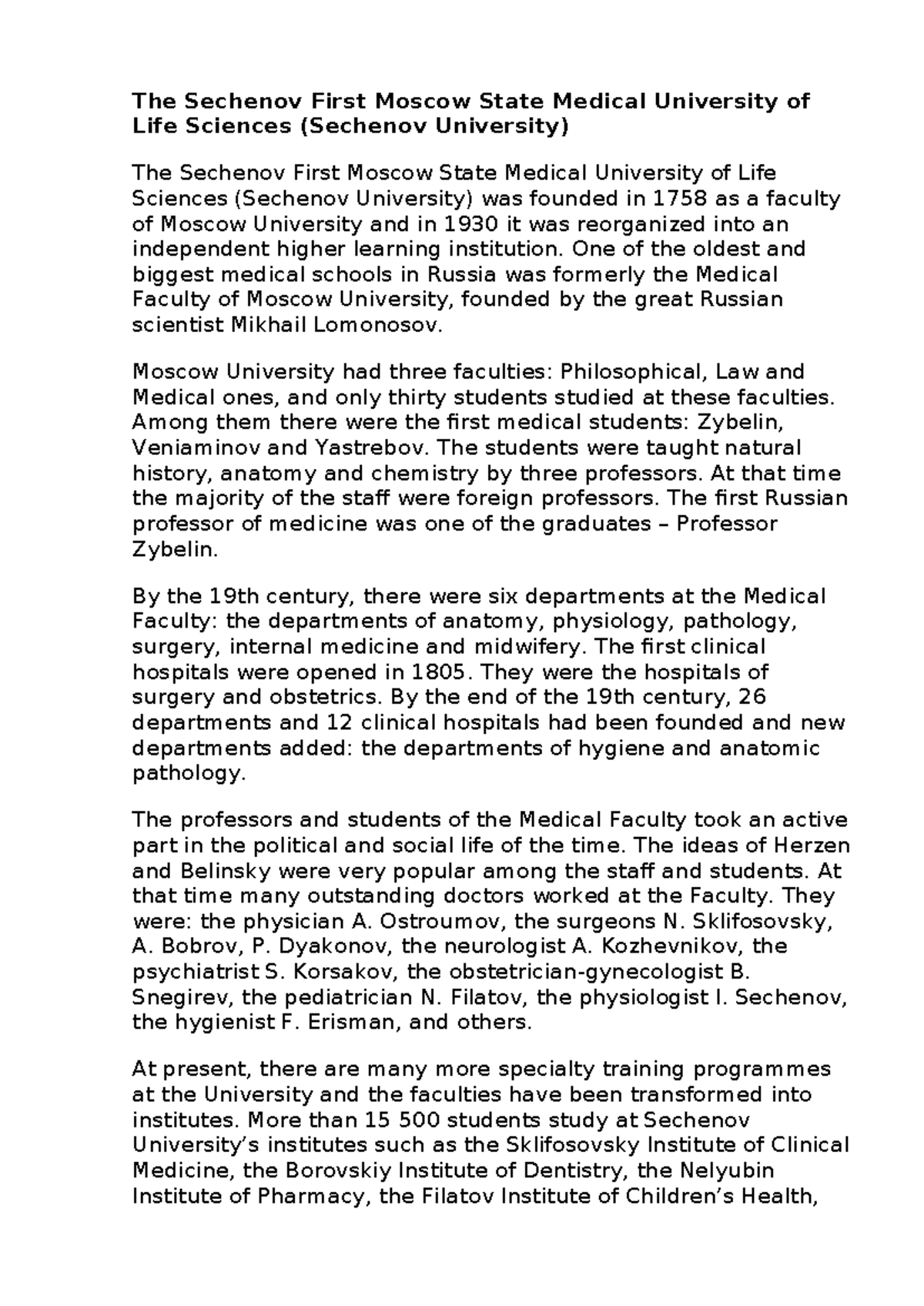 The Sechenov First Moscow State Medical University of Life Sciences ...