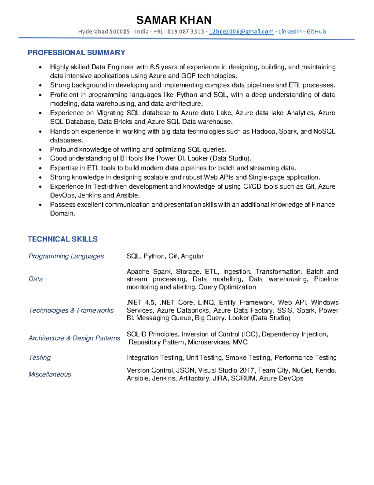 Samar CV - SAMAR KHAN Hyderabad 500085 - India ∑ +91- 819 087 3315 ∑ ...