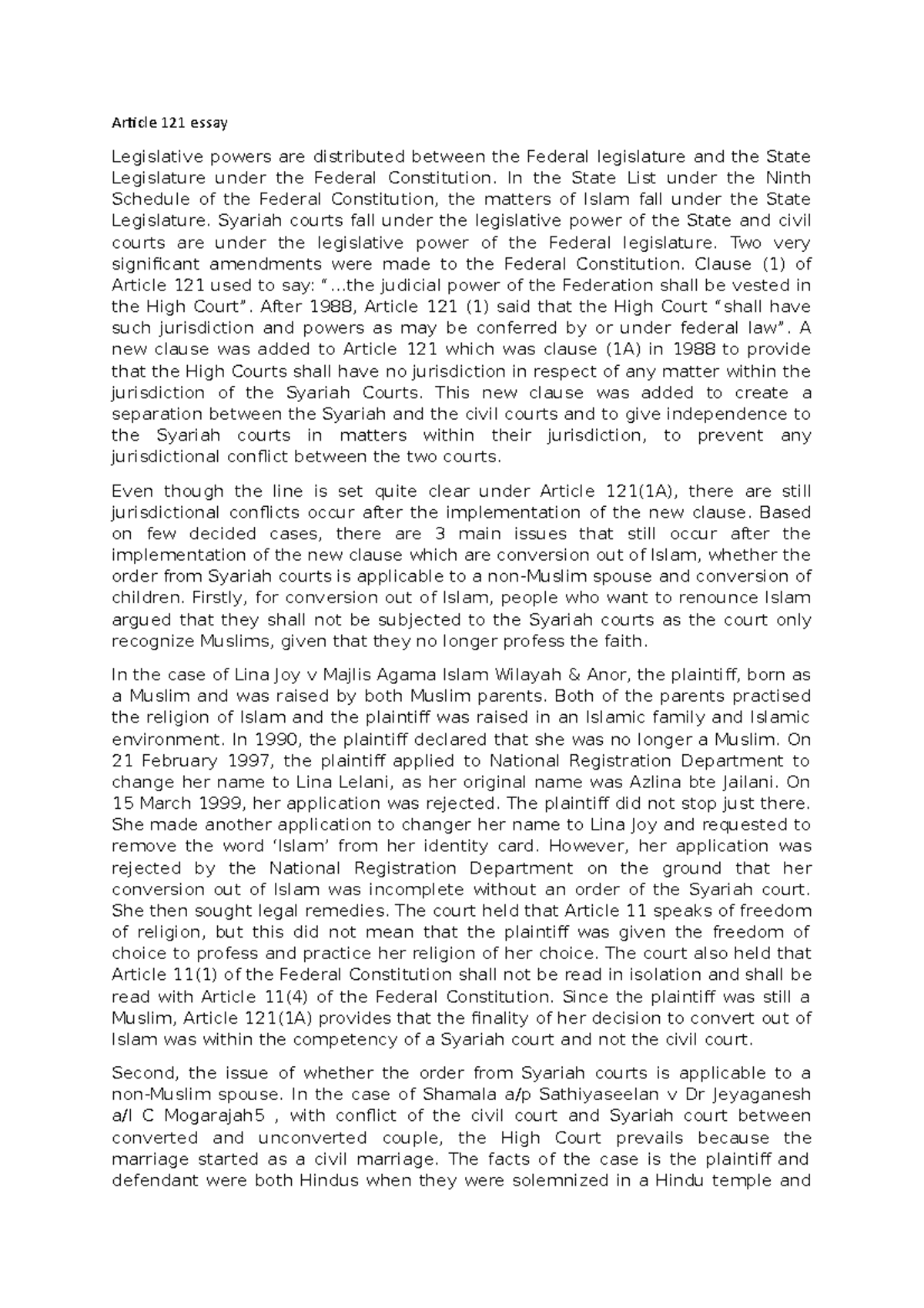 ART 121 - Article 121 essay Legislative powers are distributed between ...