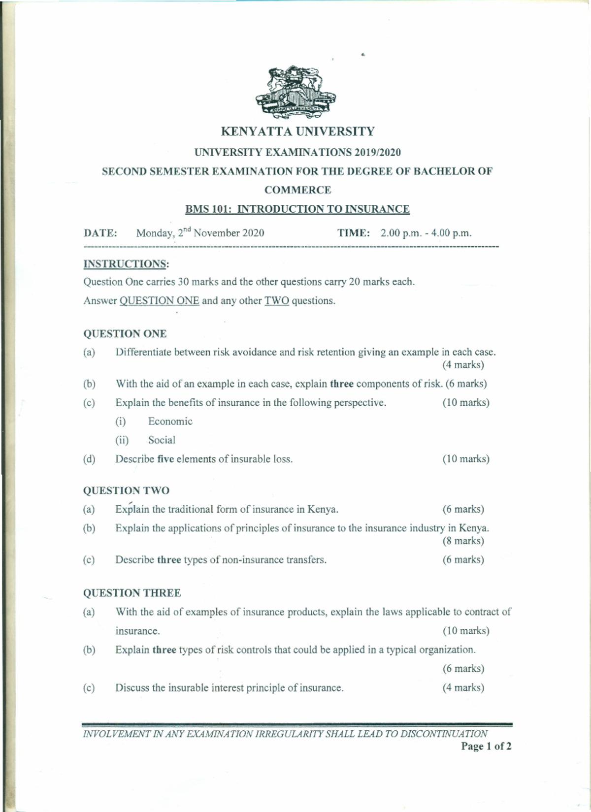 BMS 101 Introduction TO Insurance - •.FEDCBA K E N Y A T T A U N I V E ...