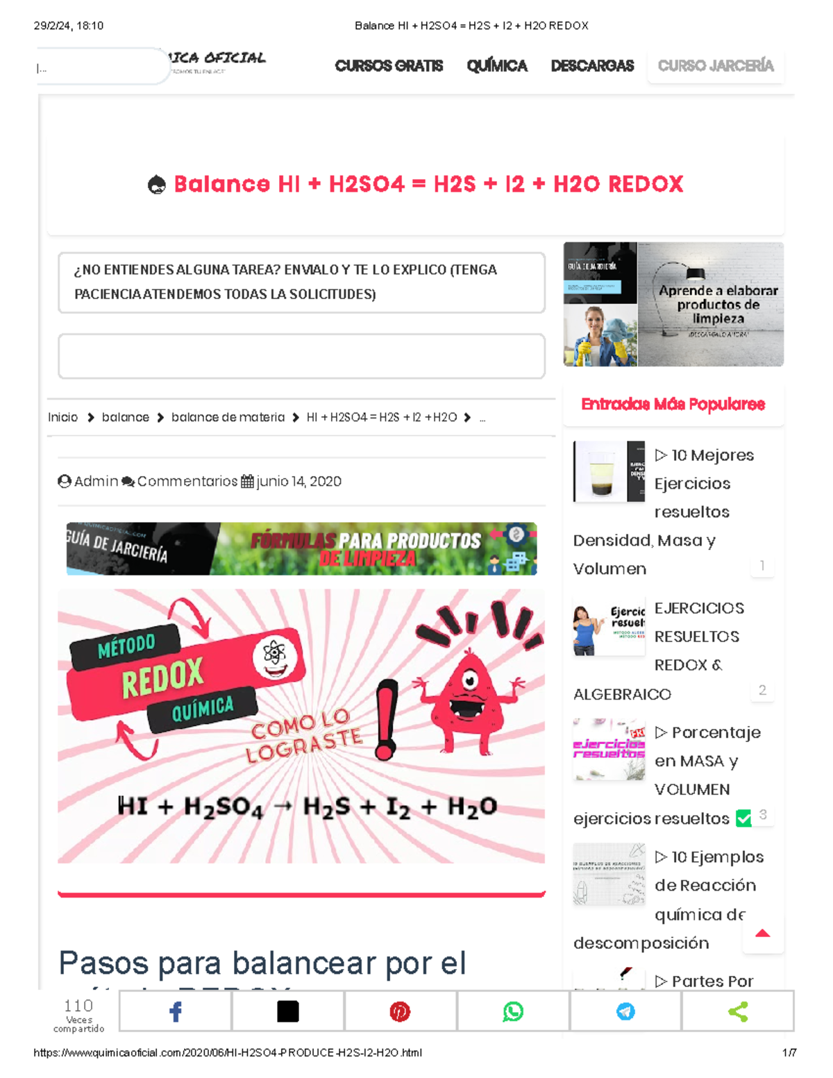 Balance HI + H2SO4 = H2S + I2 + H2O Redox - .. Admin Commentarios junio ...