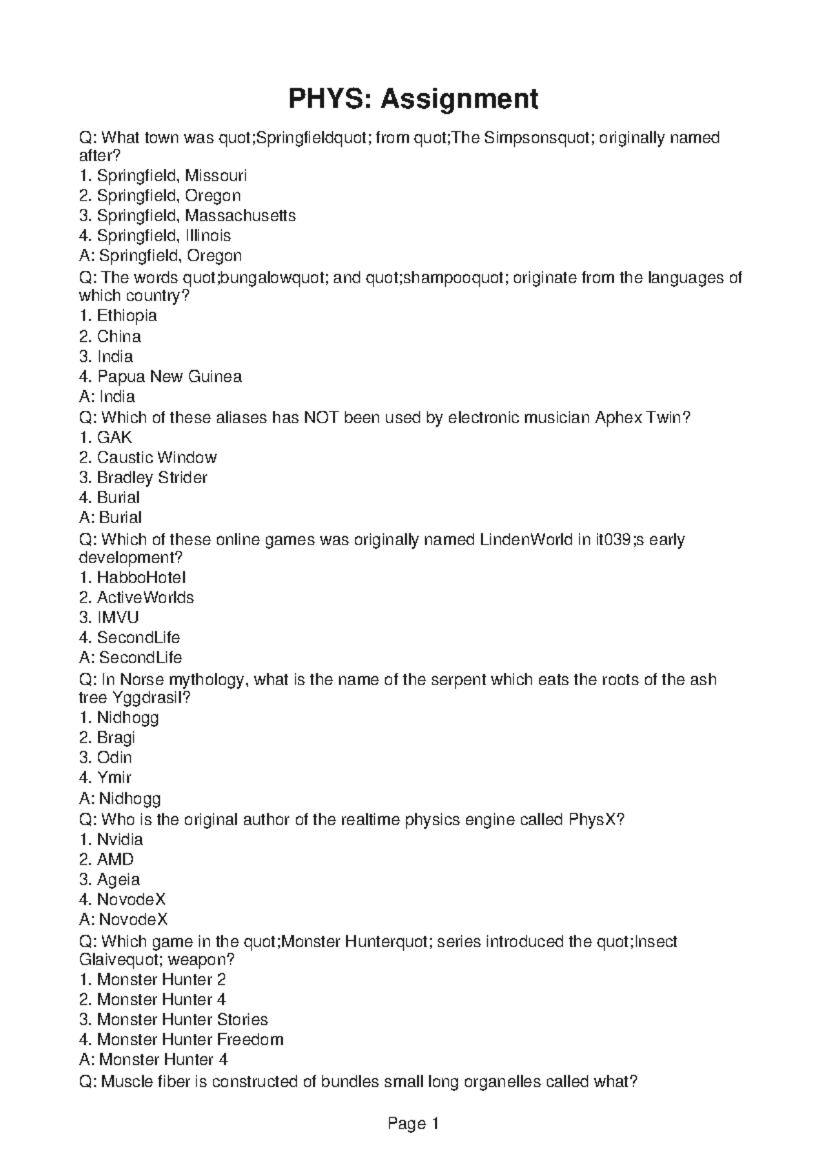 PHYS271 doc 3 - PHYS: Assignment Q: What town was quot;Springfieldquot ...