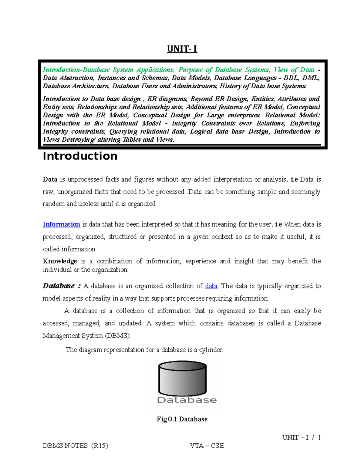 Unit 1 notes - eswar - UNIT- I Introduction-Database System ...