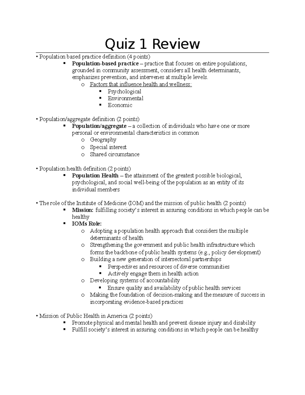 Quiz 1 Review - Population health introduction - Quiz 1 Review ...