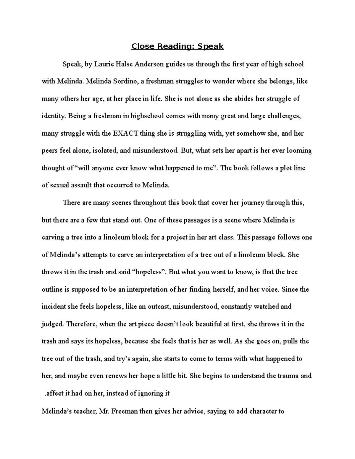 Close reading - papee - Close Reading: Speak Speak, by Laurie Halse ...