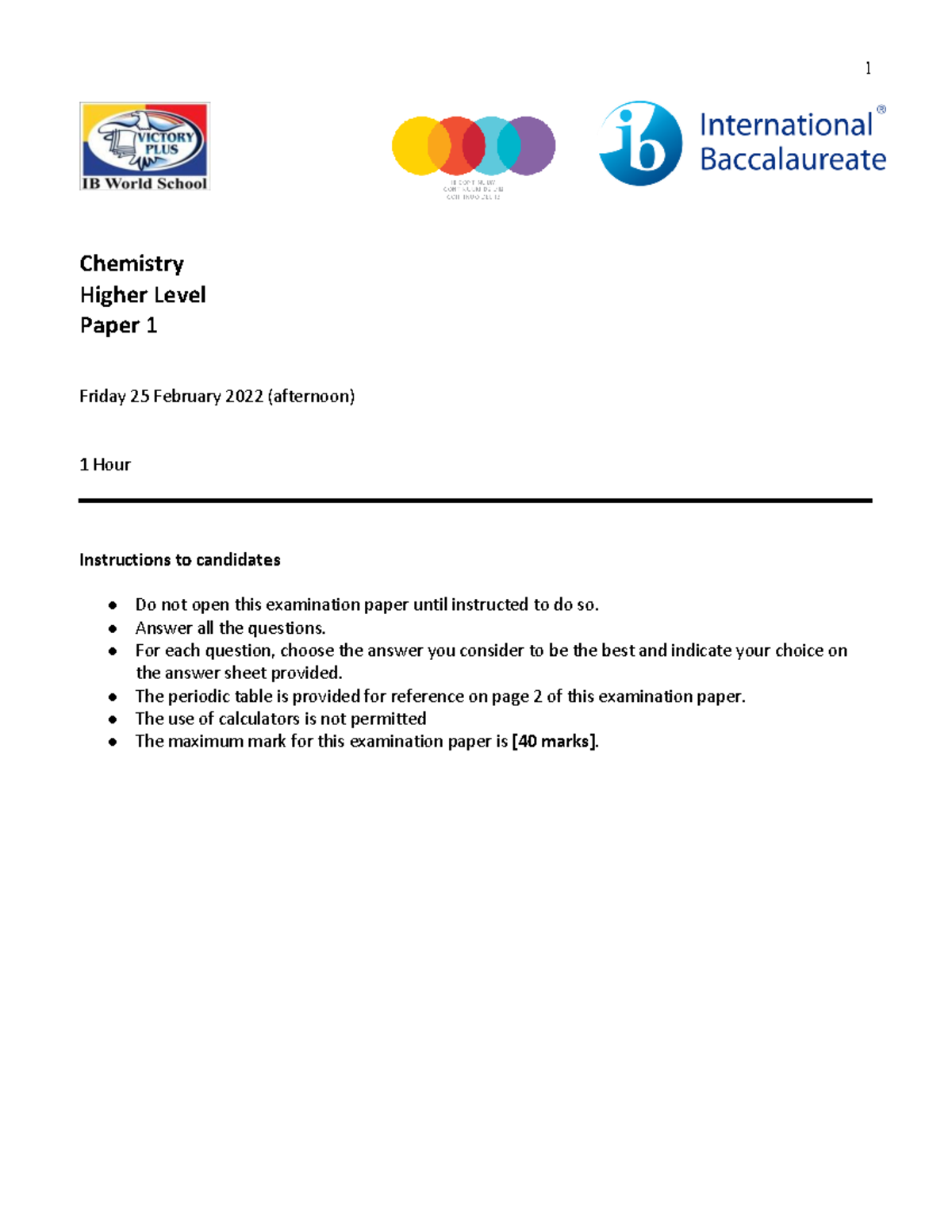 CHEM HL Paper 1 - Chemisttry - Chemistry Higher Level Paper 1 Friday 25 ...