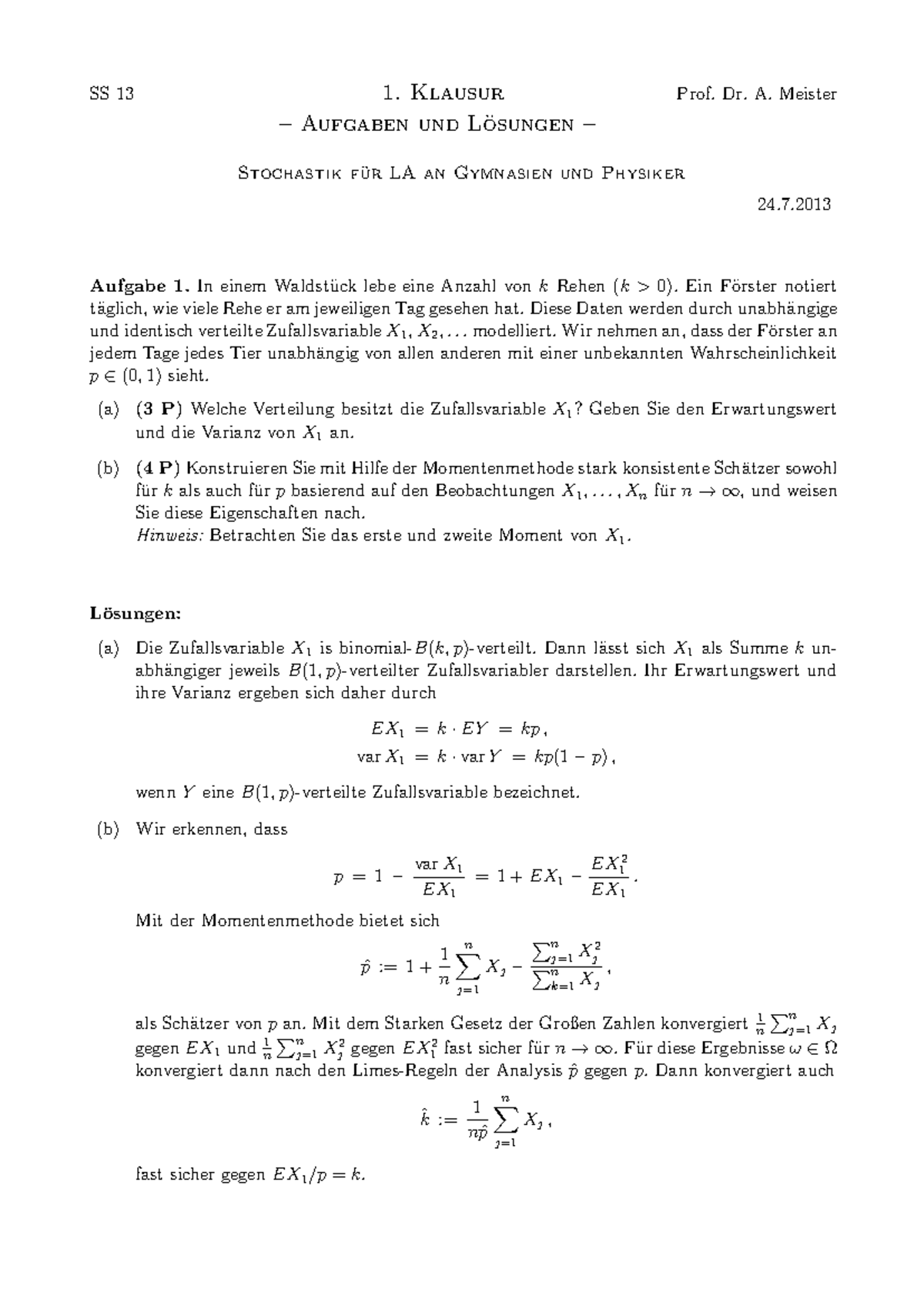 Klausur 24 Juli Sommersemester 2013, Fragen und Antworten - SS 13 1. Klausur sungen Aufgaben und ...