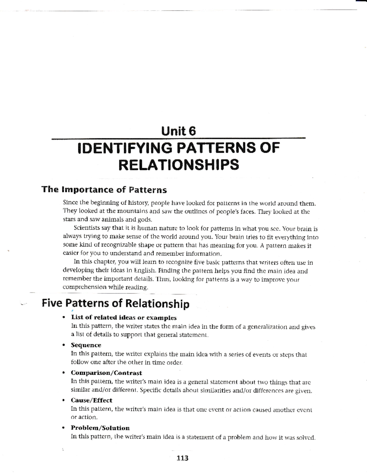 Reading - Identifying Patterns of Relationships - Unit 6 IDENTIFYING ...