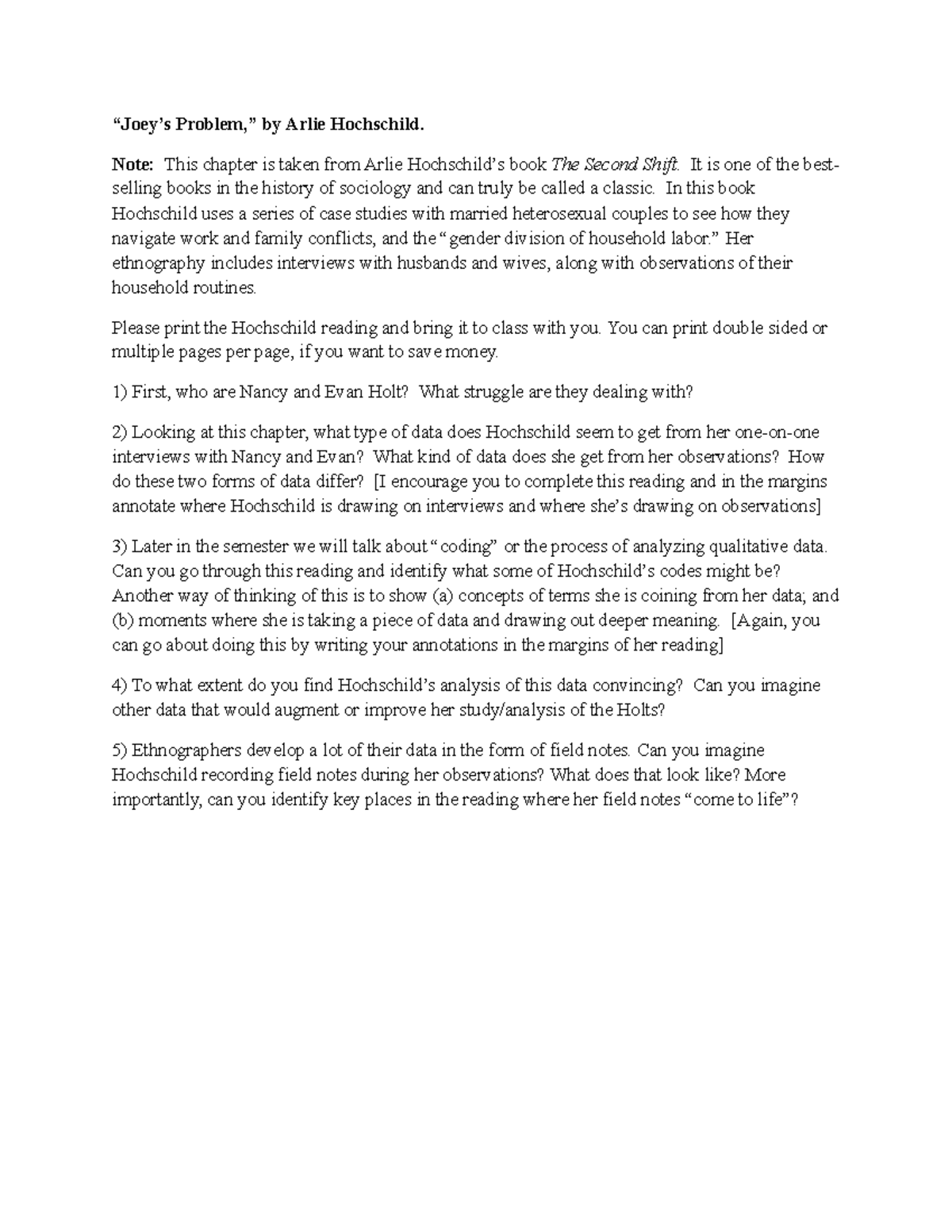 Hochschild R&D Qs - Stuber. - “Joey’s Problem,” by Arlie Hochschild ...