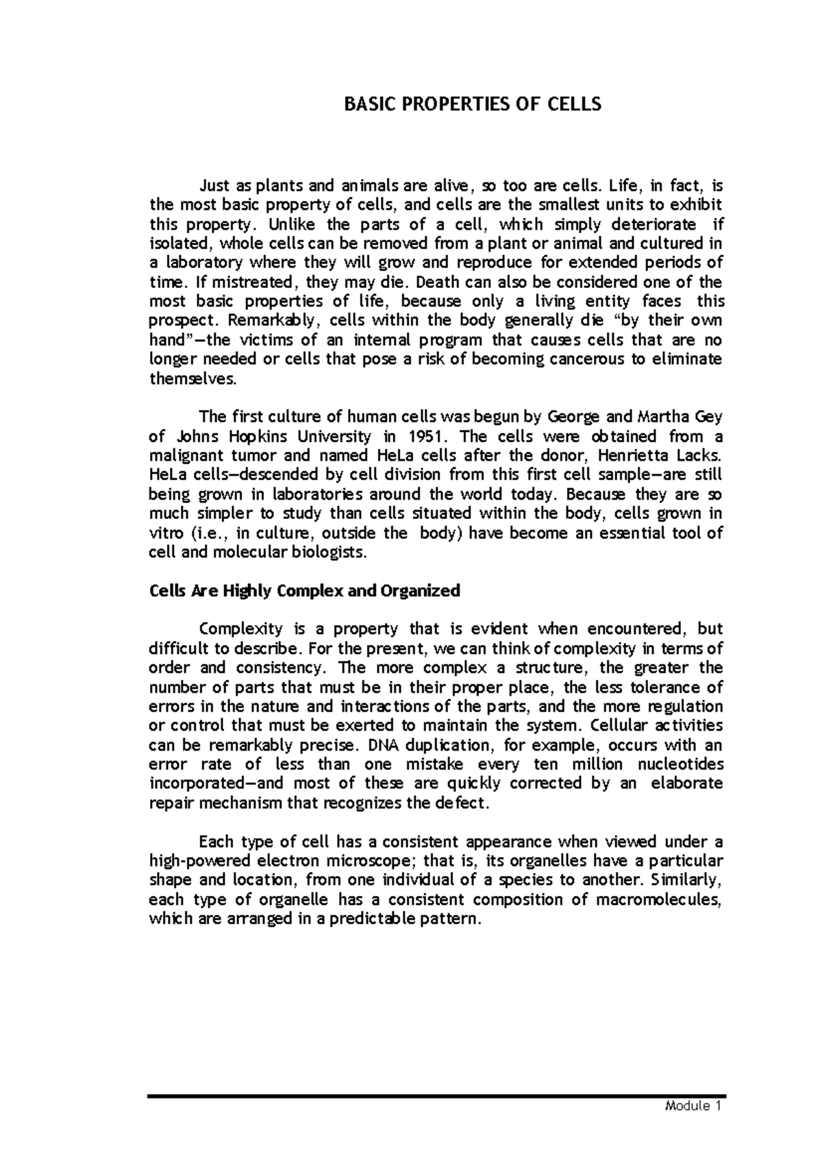 Basic Property of Cells - Module 1 BASIC PROPERTIES OF CELLS Just as ...