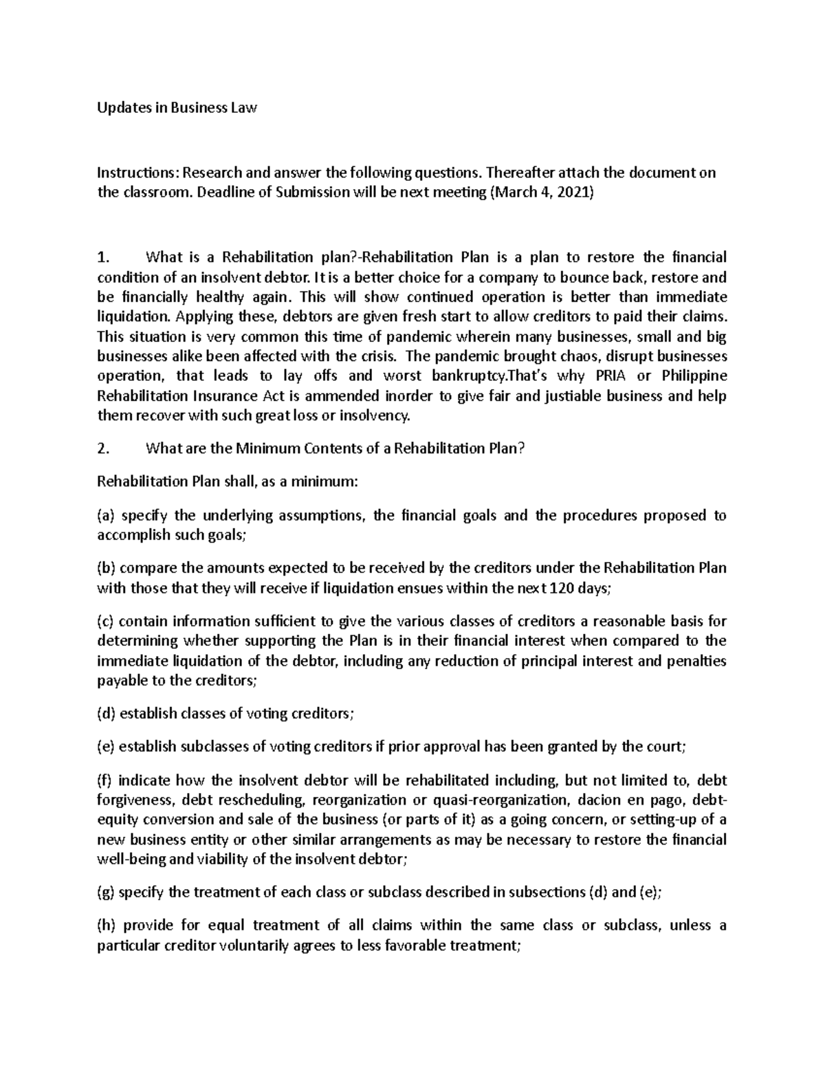 ACC127 - Class Assignment in Updates in Business Law. Rehabilitation ...