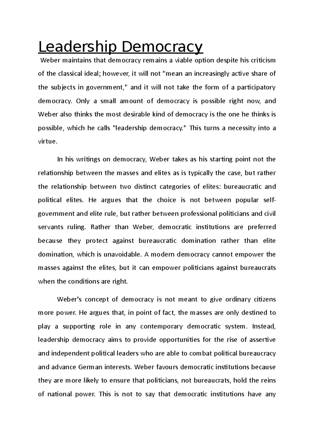 Leadership Democracy - Leadership Democracy Weber maintains that ...