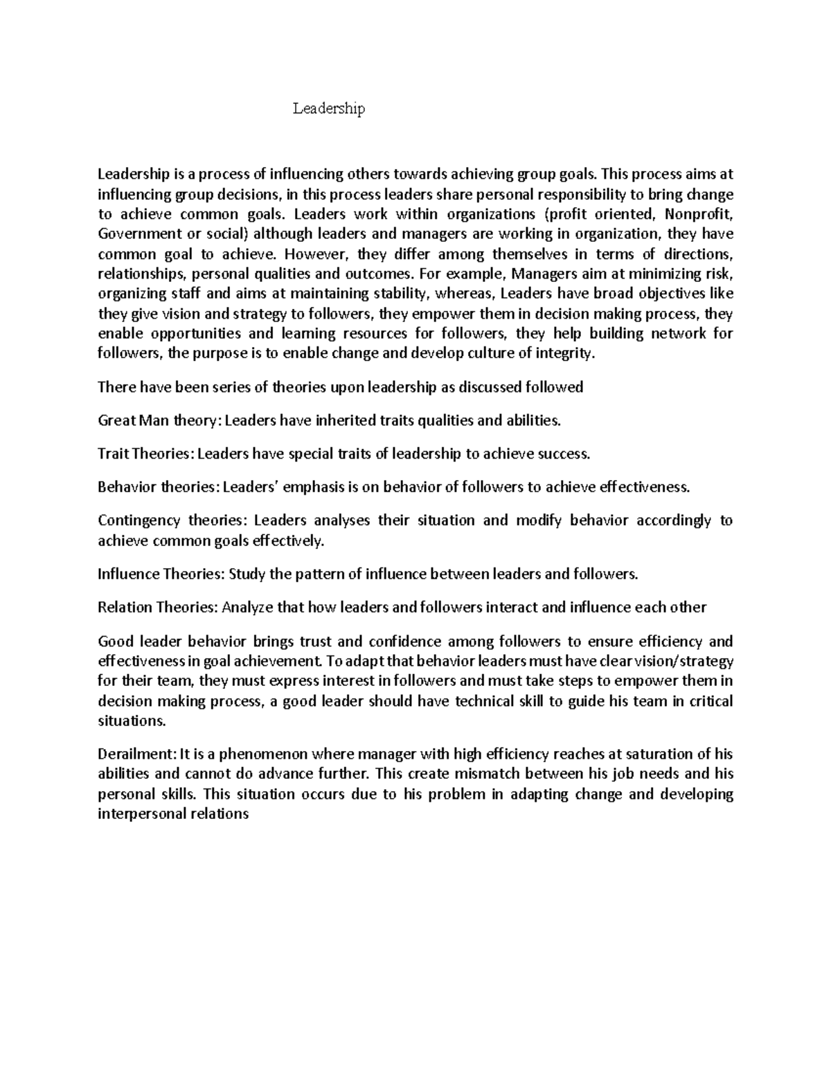 Leadership Assignment - Leadership Leadership is a process of ...