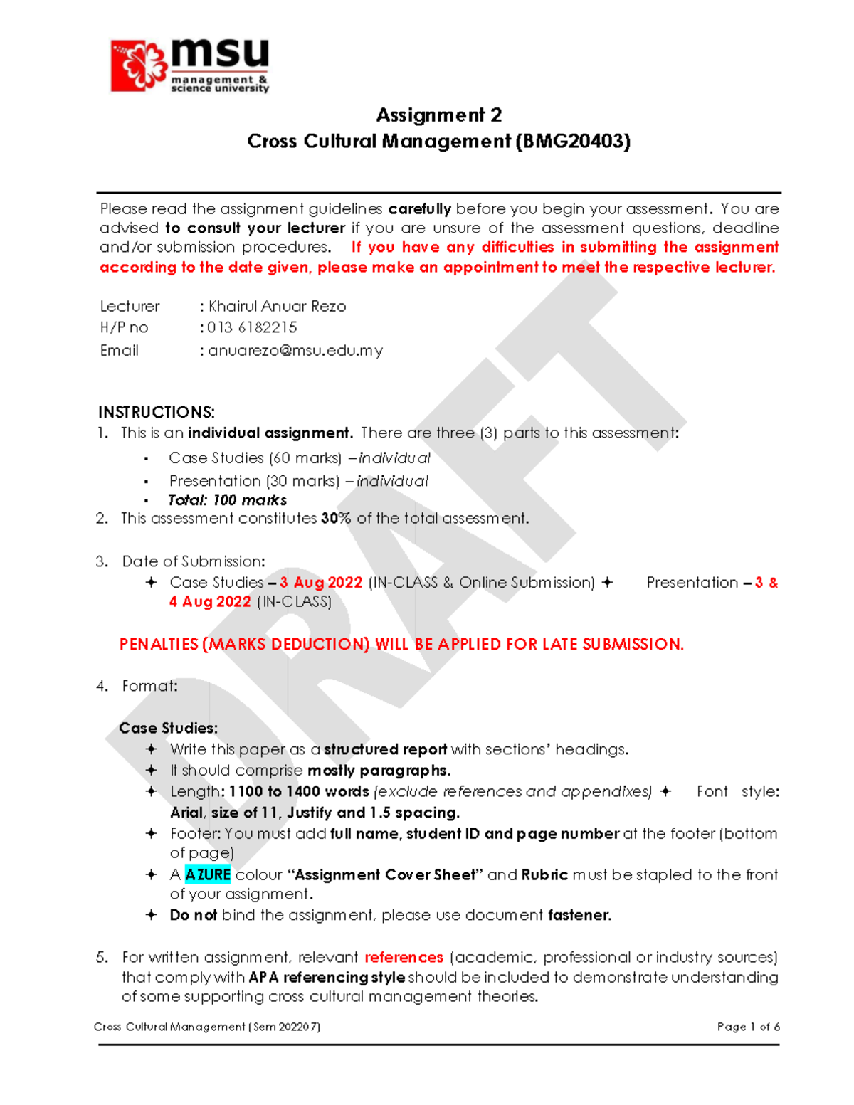 CCM Assignment 2 - NON - Assignment 2 Cross Cultural Management (BMG20403) Please read the - Studocu