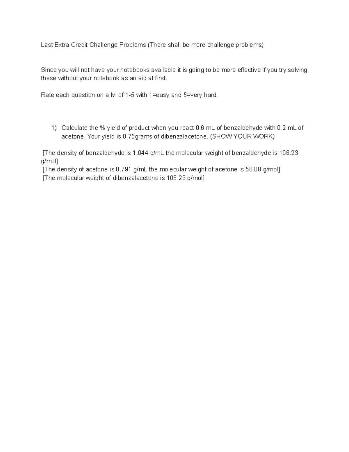 Extra Credit Challenge Problems - Rate each question on a lvl of 1-5 ...