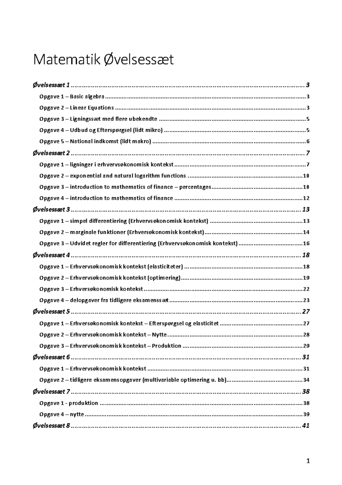 Matematik Øvelsessæt Samlet - Matematik Øvelsessæt Øvelsessæt Opgave 1 ...