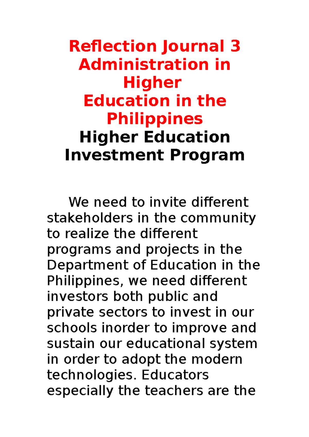 Reflection Journal 3 - notes - Reflection Journal 3 Administration in ...