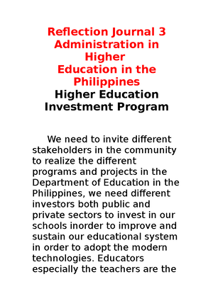 Reflection Journal 4 - notes - Reflection Journal 4 Administration in ...