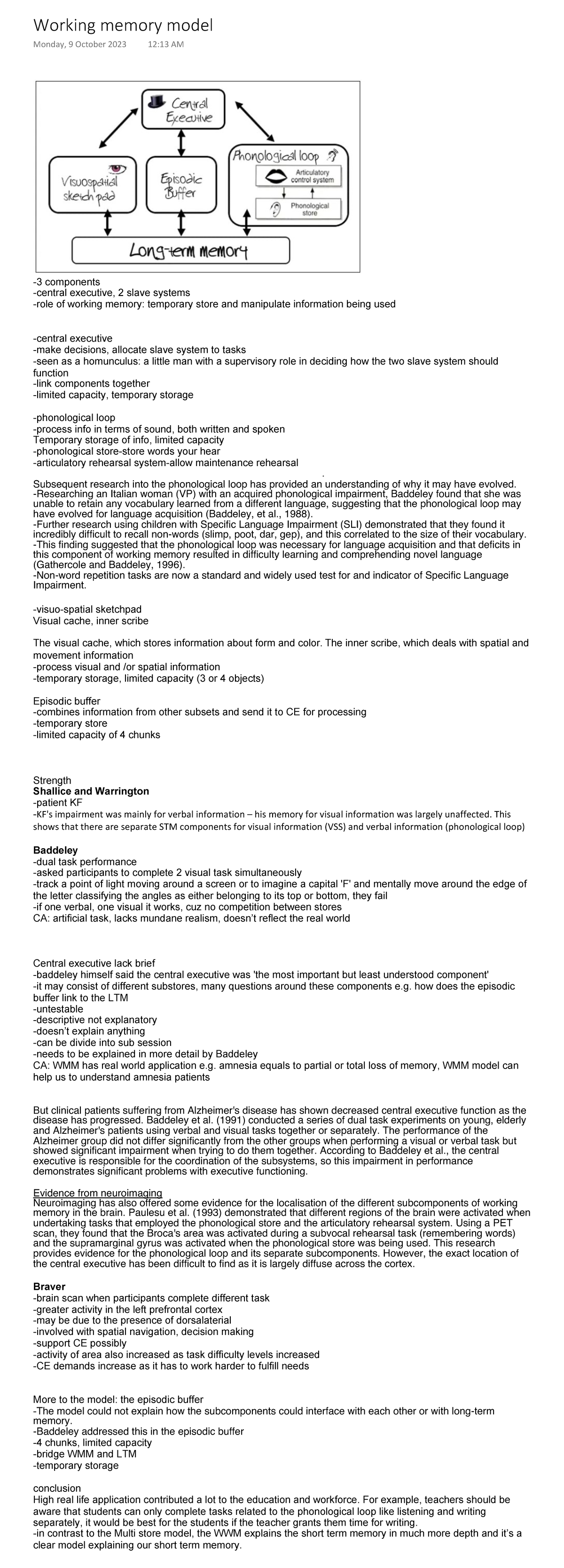 Working memory model - 3 components central executive, 2 slave systems ...