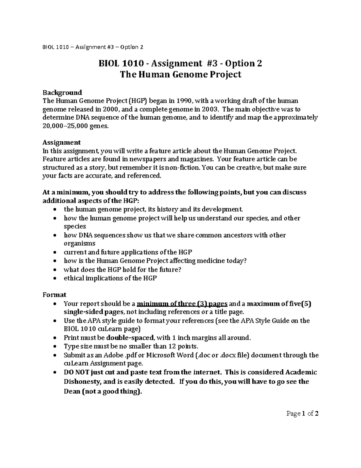BIOL1010 Assignment 03 Option 2 Fall 2019 01 - BIOL 1010 – Assignment ...