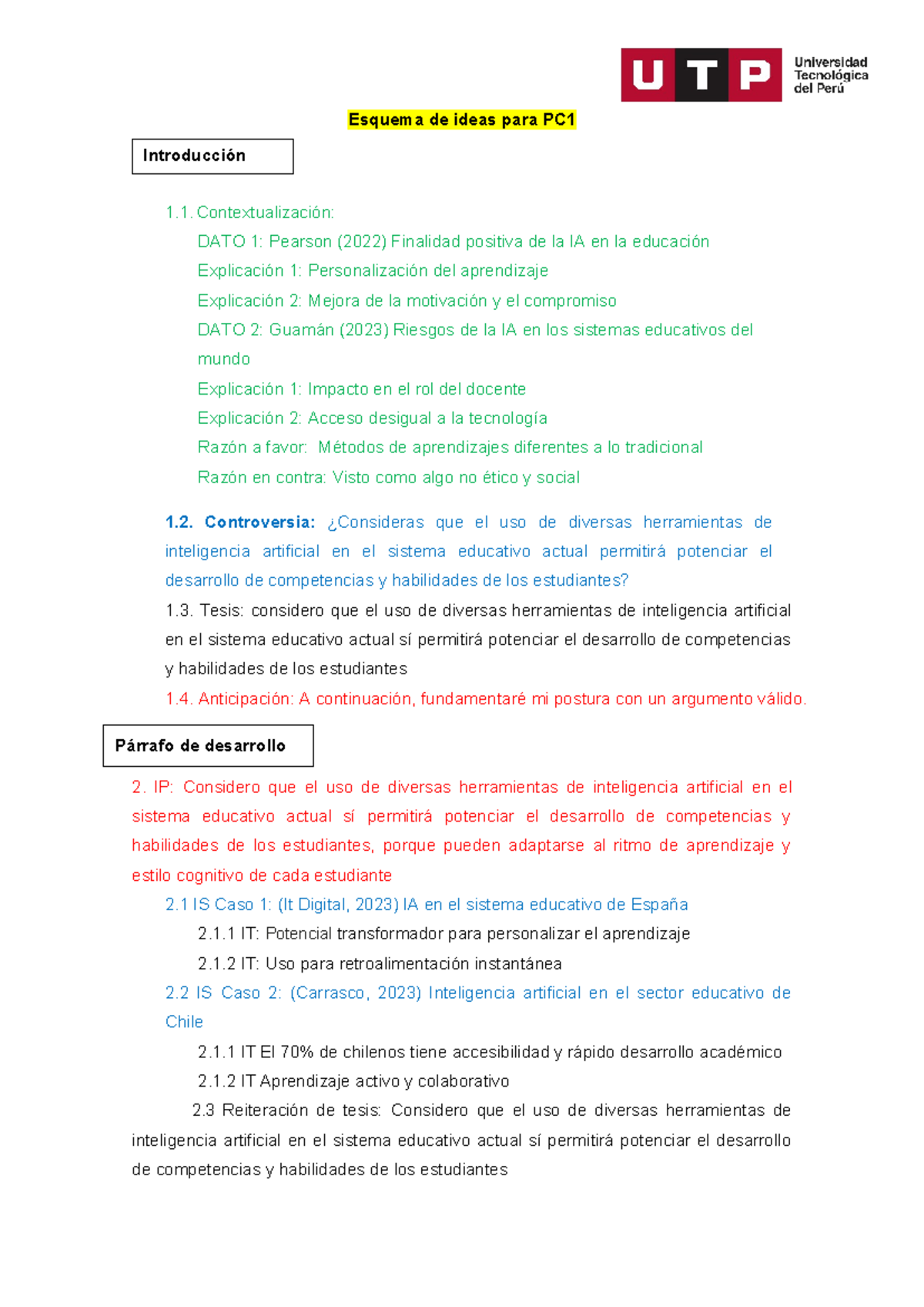 4 - Esquema - Esquema de ideas para PC Contextualización: DATO 1: Pearson (2022) Finalidad ...