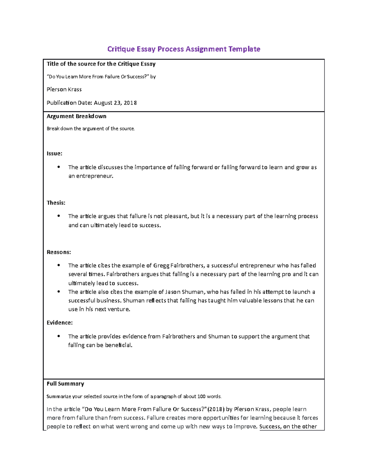 Critique Essay Process Assignment Template - Issue: The article ...