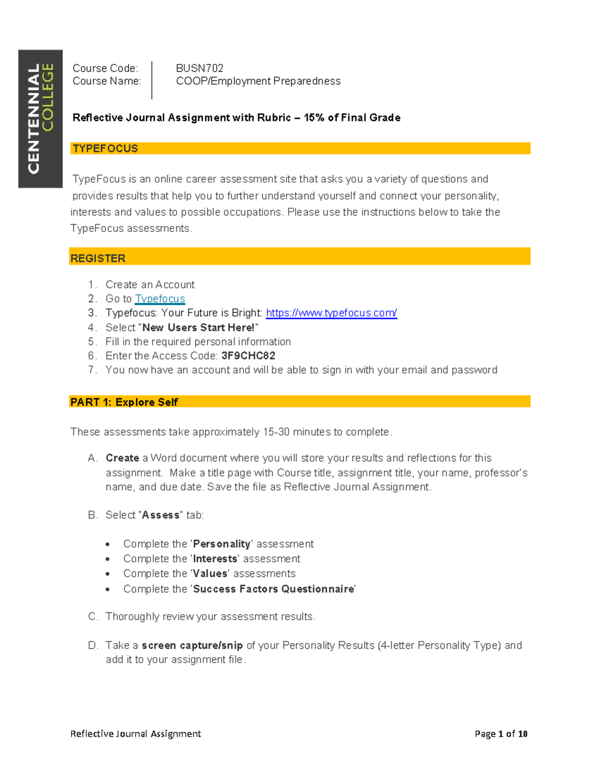 1. Reflective Journal Assignment with Rubric - Course Code: BUSN Course ...