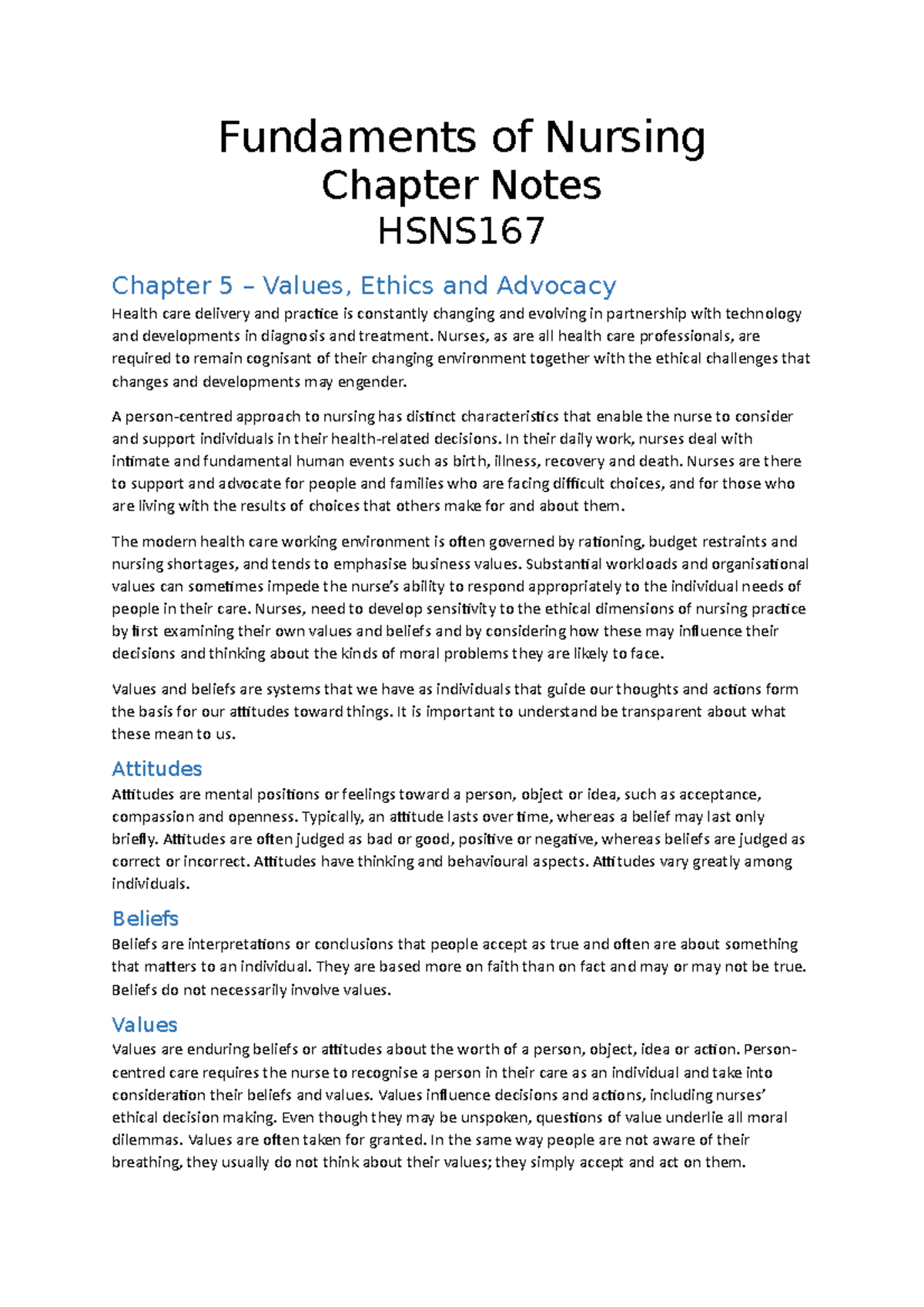 Fundaments of Nursing Chapter 5 Values Ethics and Advocacy - Studocu