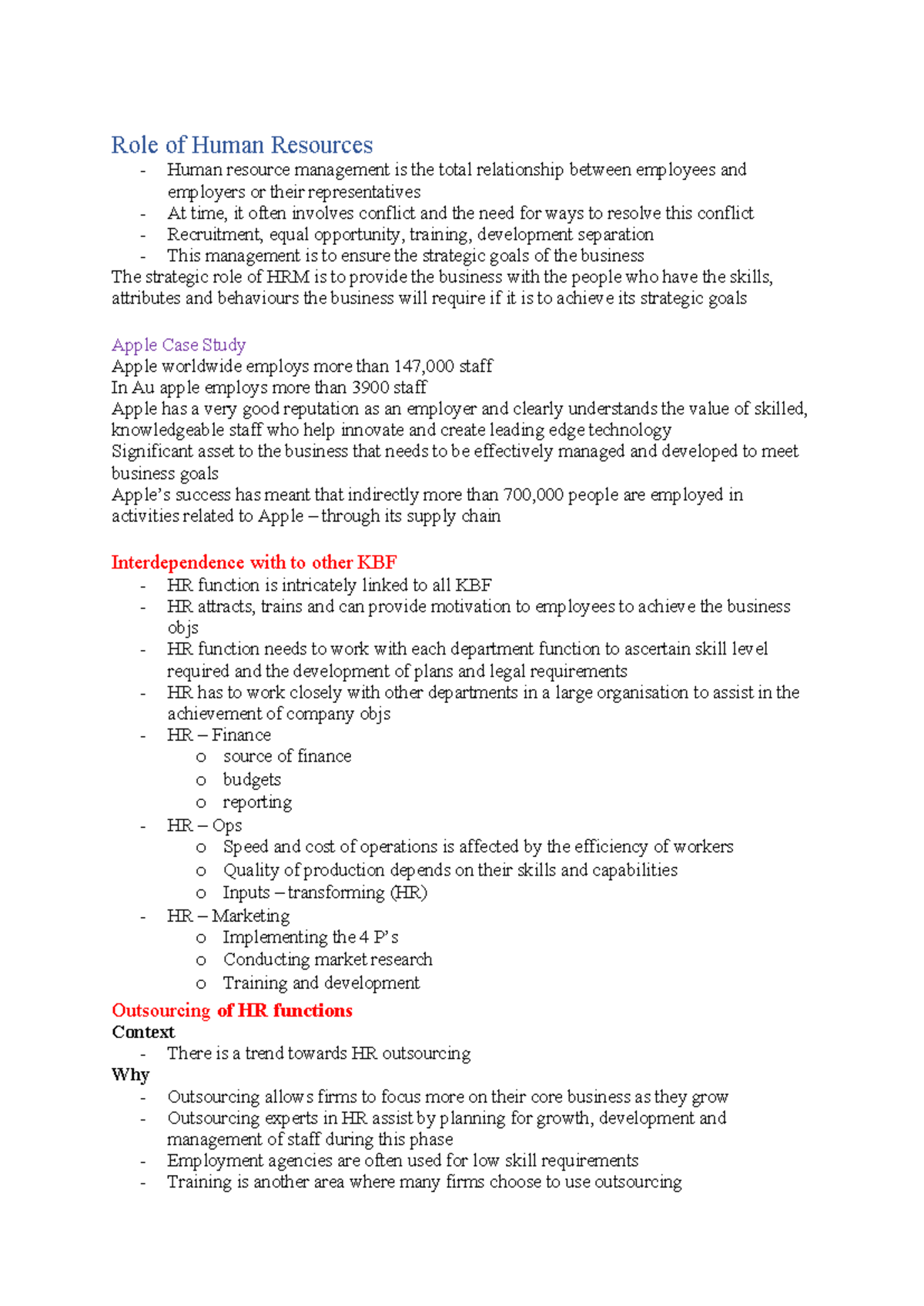 Human Resources Class Notes - Role of Human Resources - Human resource ...