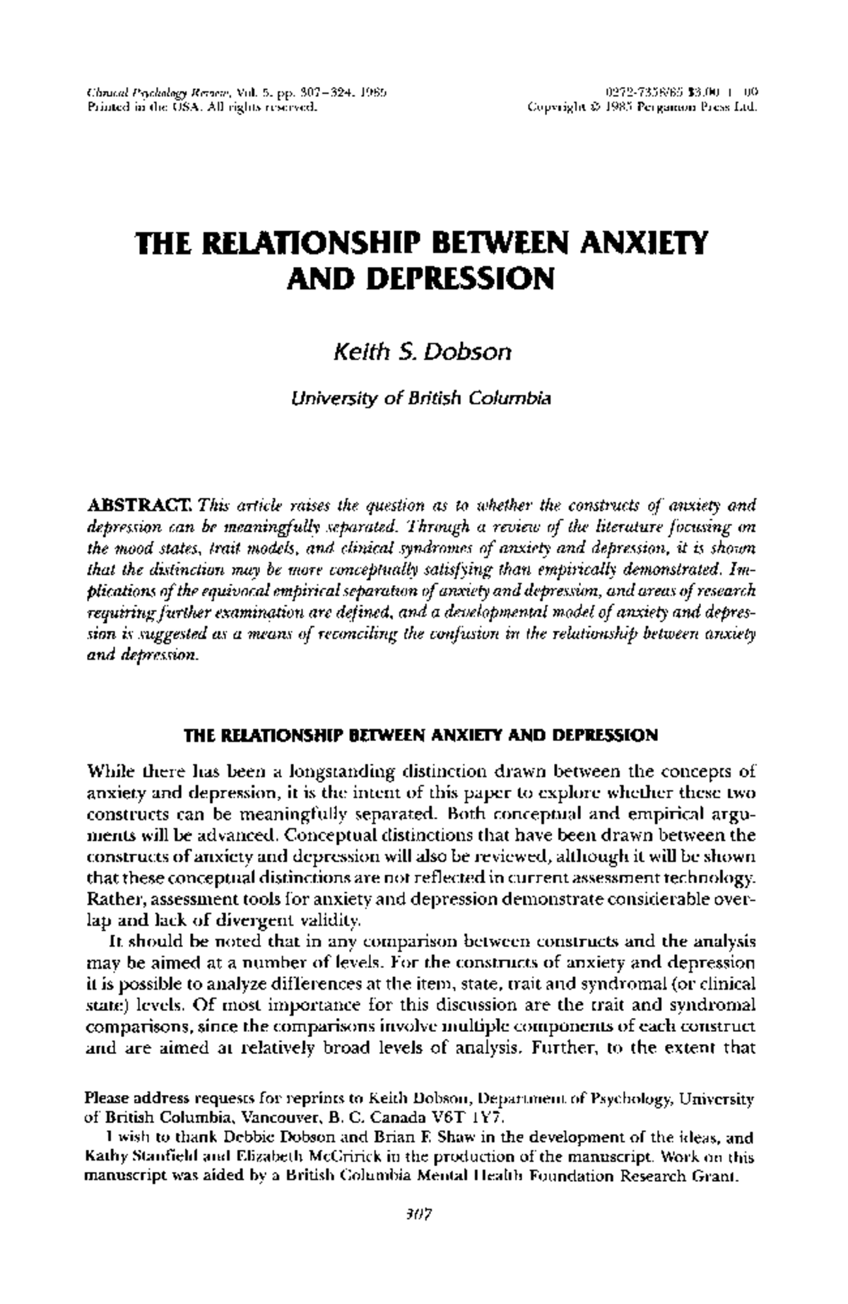 The relationship between anxiety and depression - Clinrcal Psycholog ...