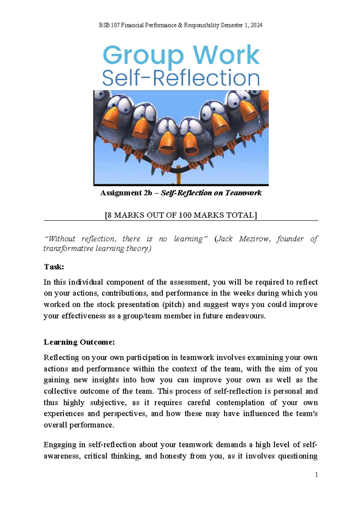 BSB107 Assignment 2b; Self Refection on Teamwork - BSB107 Financial Performance & Responsibility ...