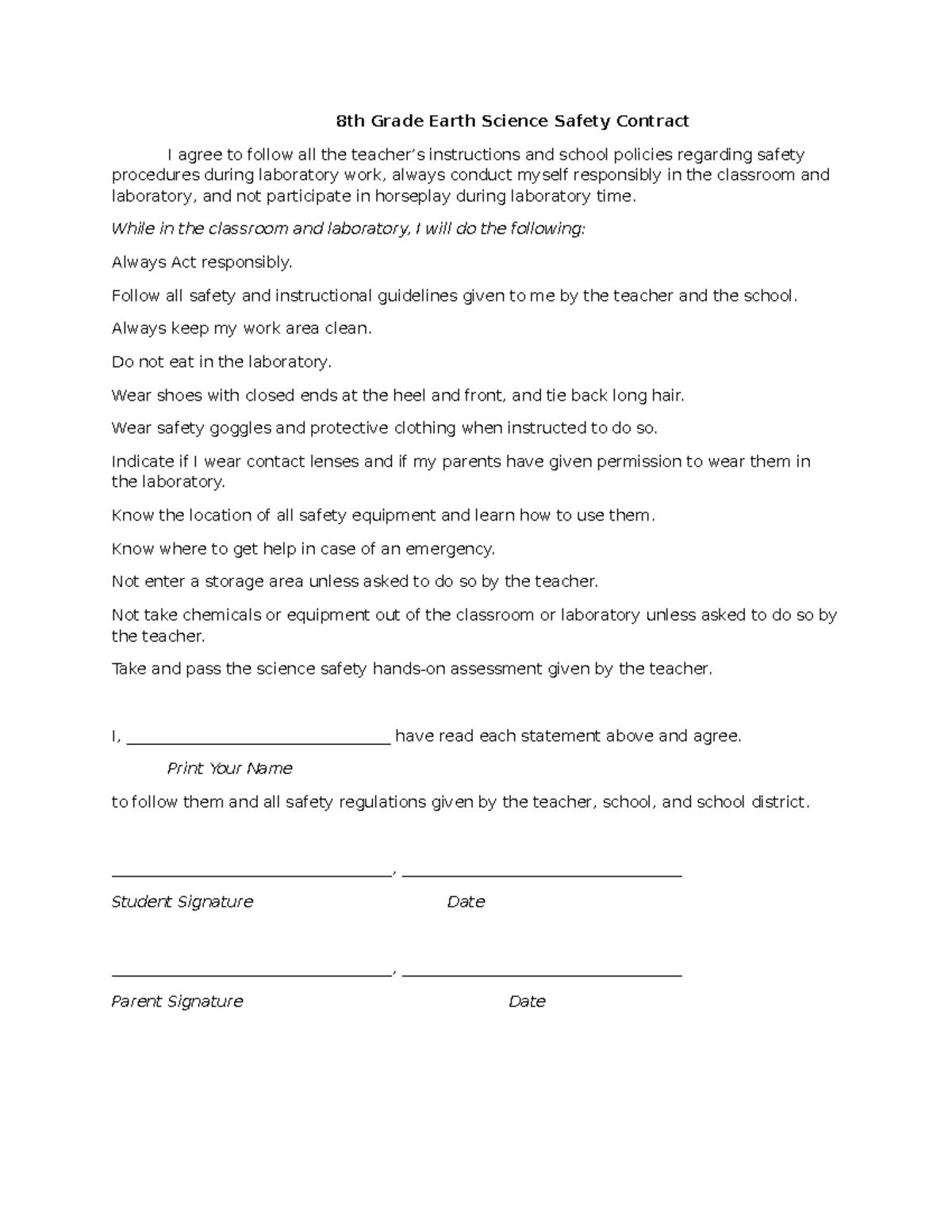 Saftey contract - 8th Grade Earth Science Safety Contract I agree to ...