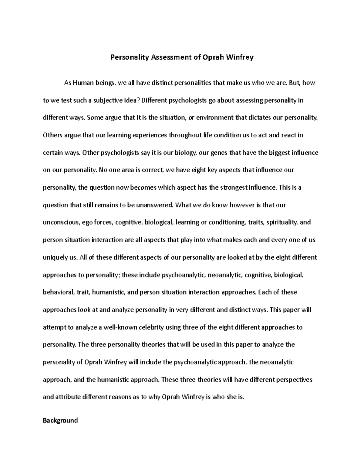 Theories of personality essay - Personality Assessment of Oprah Winfrey ...