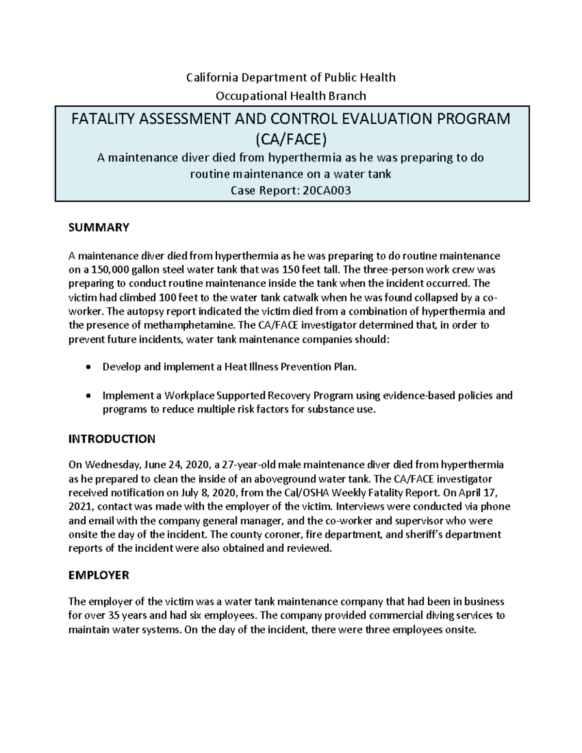 CASE STUDY ON MAINTENANCE ACCIDENT - California Department of Public ...